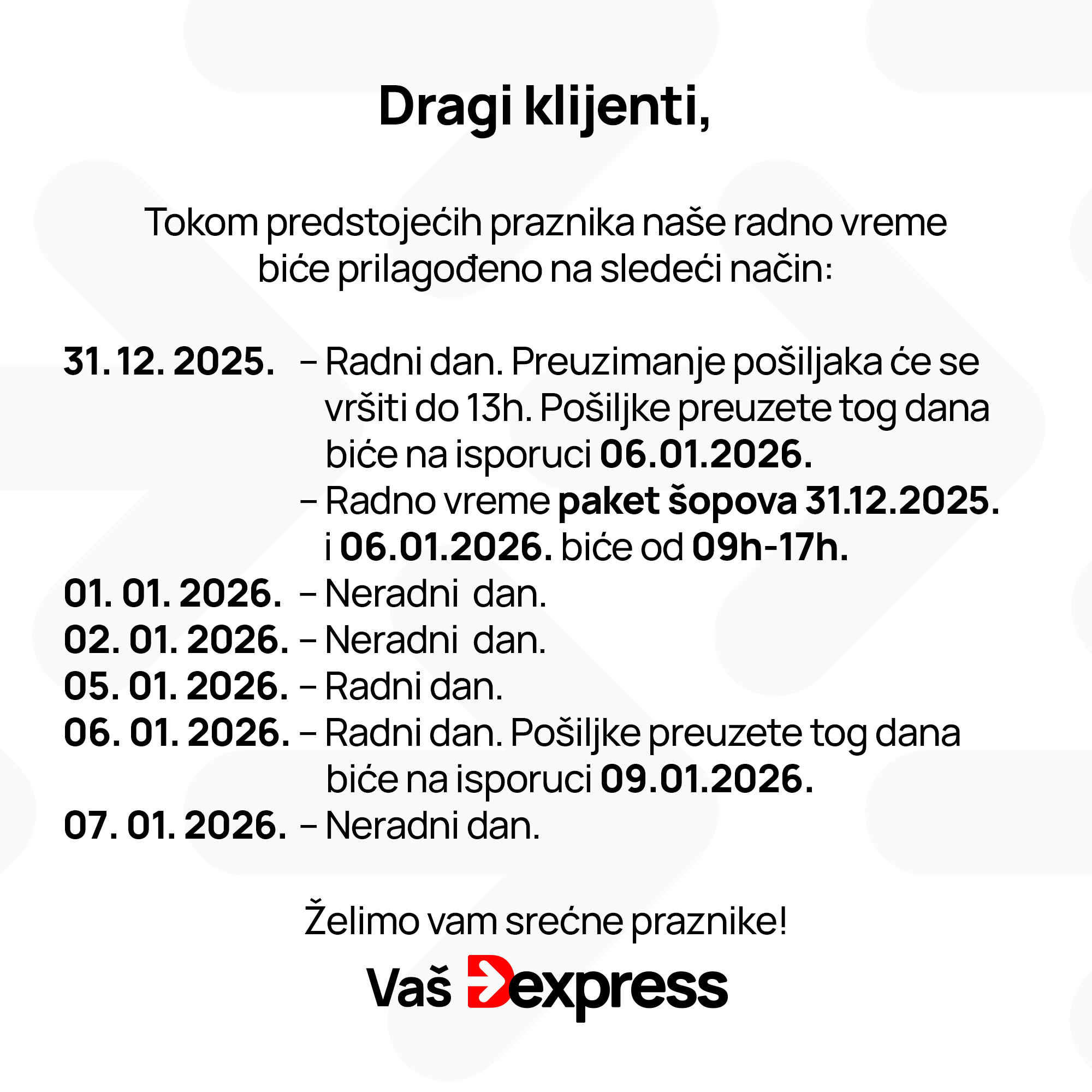 Radno vreme za novogodišnje i božićne praznike | Dexpress