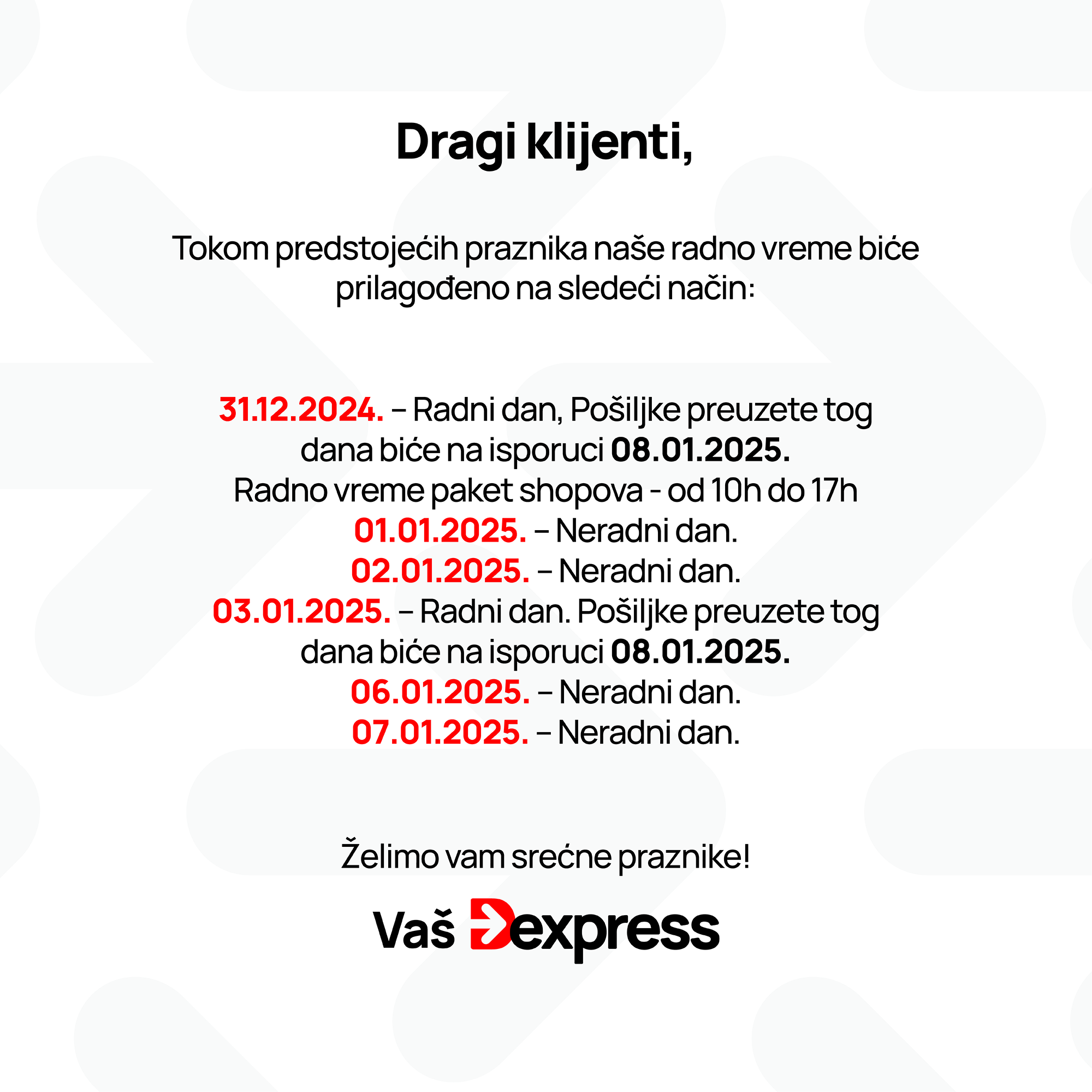 OBAVEŠTENJE- Radno vreme za novogodišnje i božićne praznike | Dexpress